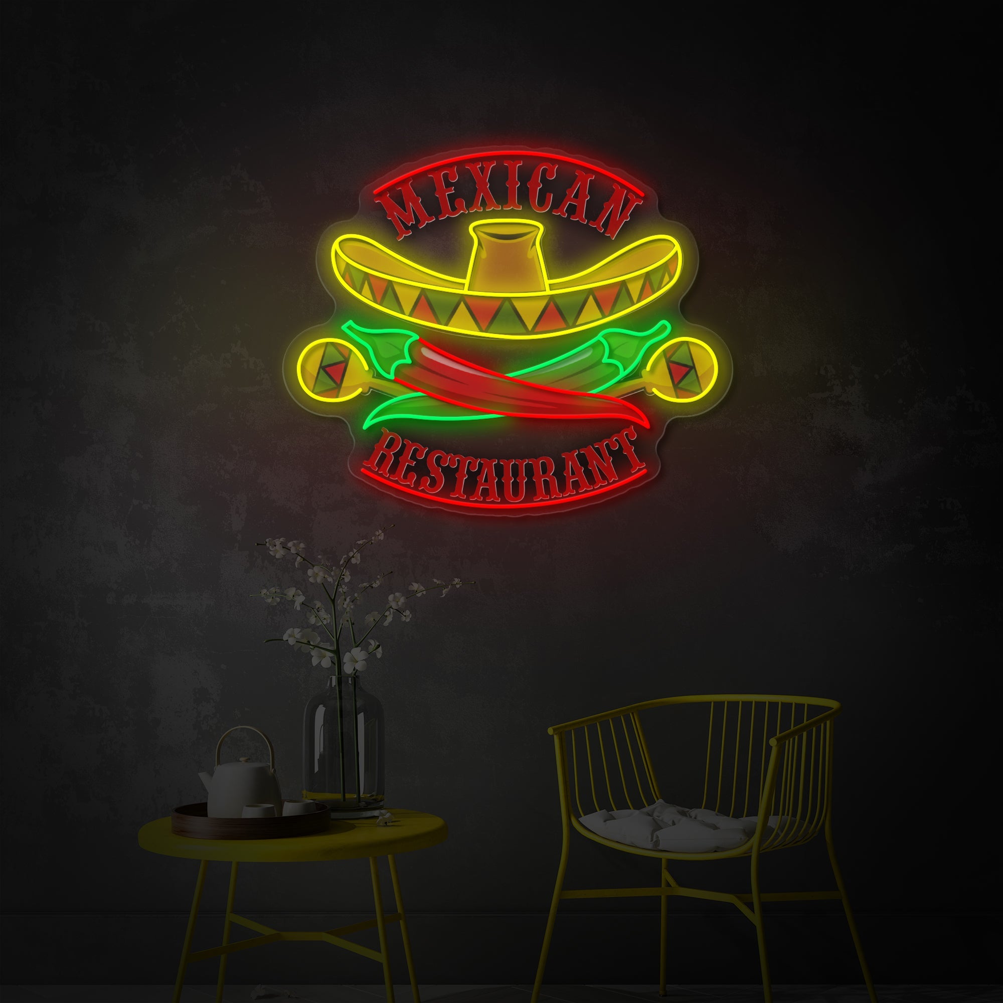 "Mexican Restaurant Sombrero Maracas Pepper" UV Print LED Neon Sign ...